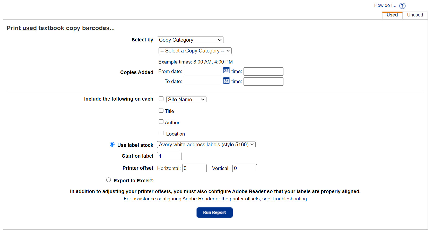 Print textbook copy barcode labels